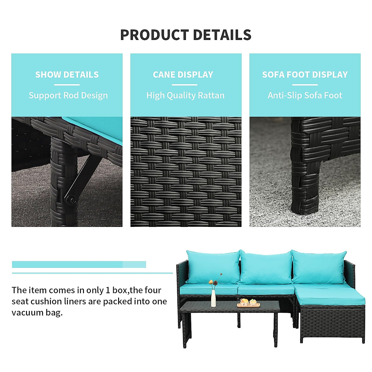 Valita 3-Piece Outdoor PE Rattan Furniture Set Patio Black Wicker Conversation Loveseat Sofa Sectional Couch Turquoise Cushion