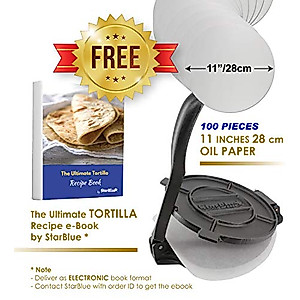 10 Inch Cast Iron Tortilla Press by StarBlue with FREE 100 Pieces Oil Paper and Recipes e-book - Tool to make Indian style Chapati, Flour Tortilla, Roti