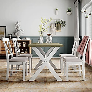 Harper & Bright Designs 5-Piece Wood Dining Table Set, Farmhouse Rustic Kitchen Dining Table with 4 Upholstered X-Back Chairs, White+Beige