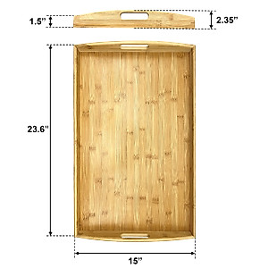 Bam & Boo - Natural Bamboo Serving Tray Extra Large Rectangular with Handles - for Food, Drinks, Storage, Decor, Vanity, Breakfast, Parties, Weddings, Picnics(23.6” x 15” x 2.35”)