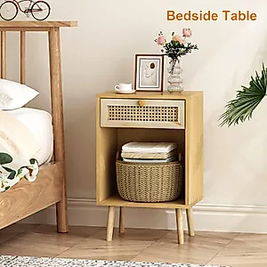 Koifuxii Natural Rattan Boho Nightstand - 24" High, 16.82" x 4.89" x 20.02" Light Wood Bedside Table - Bedroom, Living Room