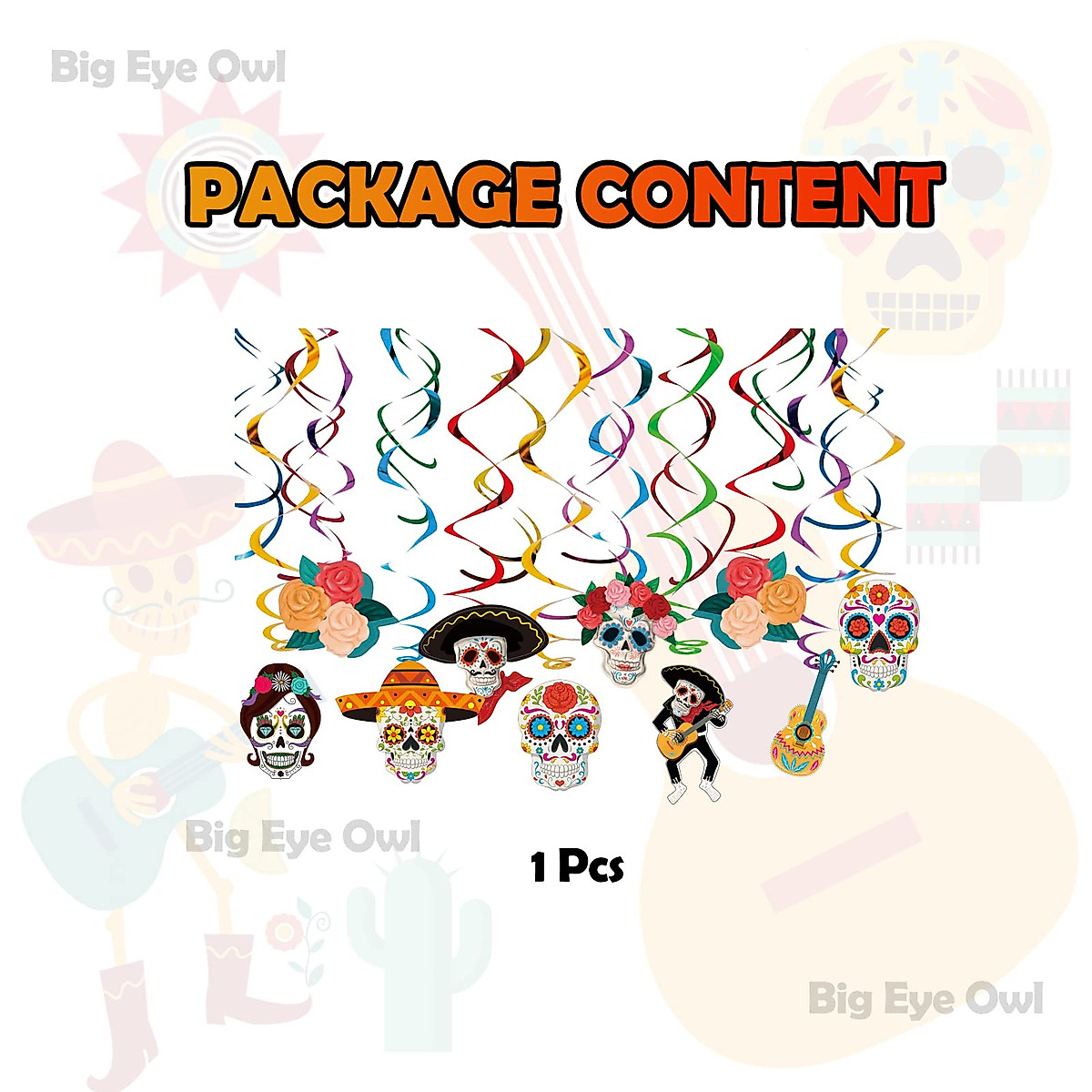 Day of the Dead Sugar Skull Hanging Swirl Decorations dia de los muertos Ceiling Streamers Party Decor Mexican Theme Party Supplies Skull Guitar Flower Halloween Baby Shower Set of 20