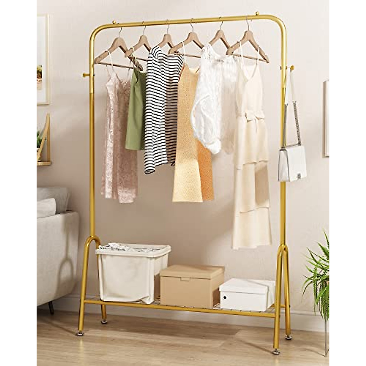 GAMNOF Gold Clothes Rack Metal Clothing Rack 1 Shelf Garment Rack for Storage and Organization of Clothes, Hats and Bags and etc
