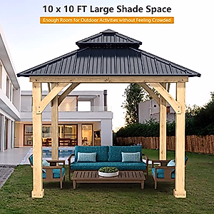 Tangkula 10 x 10 Ft Outdoor Hardtop Gazebo, Heavy-Duty Wood Permanent Patio Pavilion Shelter with 2-Tier Galvanized Steel Top, All-Weather Resistant Gazebo for Garden, Backyard, Lawns