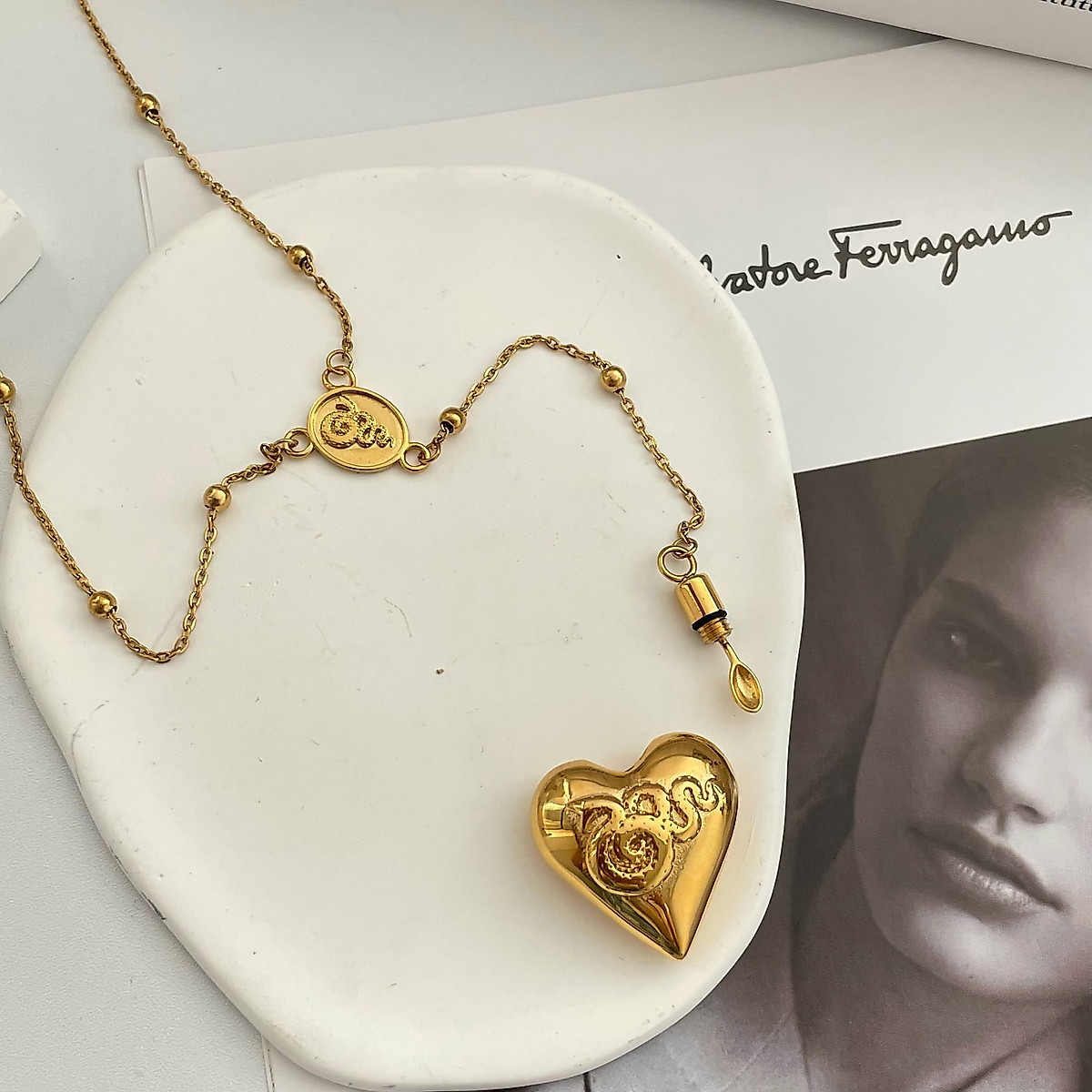 YMNLSASR Lana Necklace - LDR Necklace, Stash Necklace With Spoon, Lana Jewelry Necklace Aesthetic Heart Necklace, Snake Necklace with Spoon Necklace Pendant, Gold Rosary Style Necklace, Ash Necklace