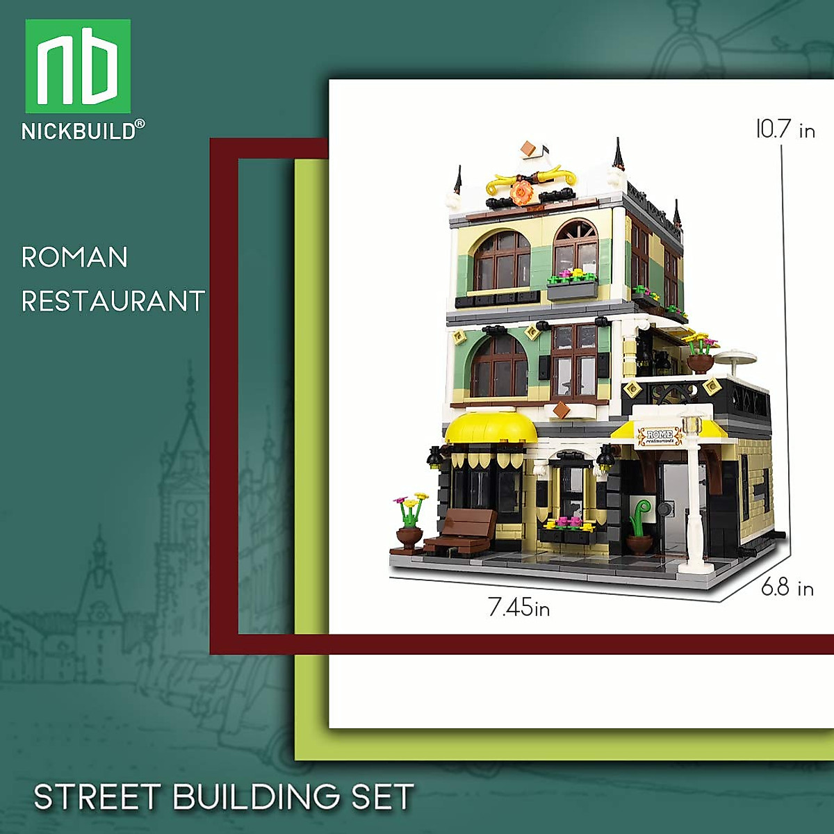 Nickbuild Street Roman Restaurant MOC Building Blocks Toy, Towns Series Kits, Collectible Play Model Set and Building City Toys for Kids and Teens (1186 PCS)