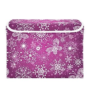 DALAWU Containers Baskets with Lids Christmas Purple Snowflake Fabric Foldable Storage Bins Organizer with Lid Collapsible Storage Boxes for Home Bedroom Closet Office