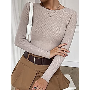 SOLY HUX Women's Fitted Ribbed Crewneck Long Sleeve Crop Tops Tee Shirts Solid Mocha Brown L