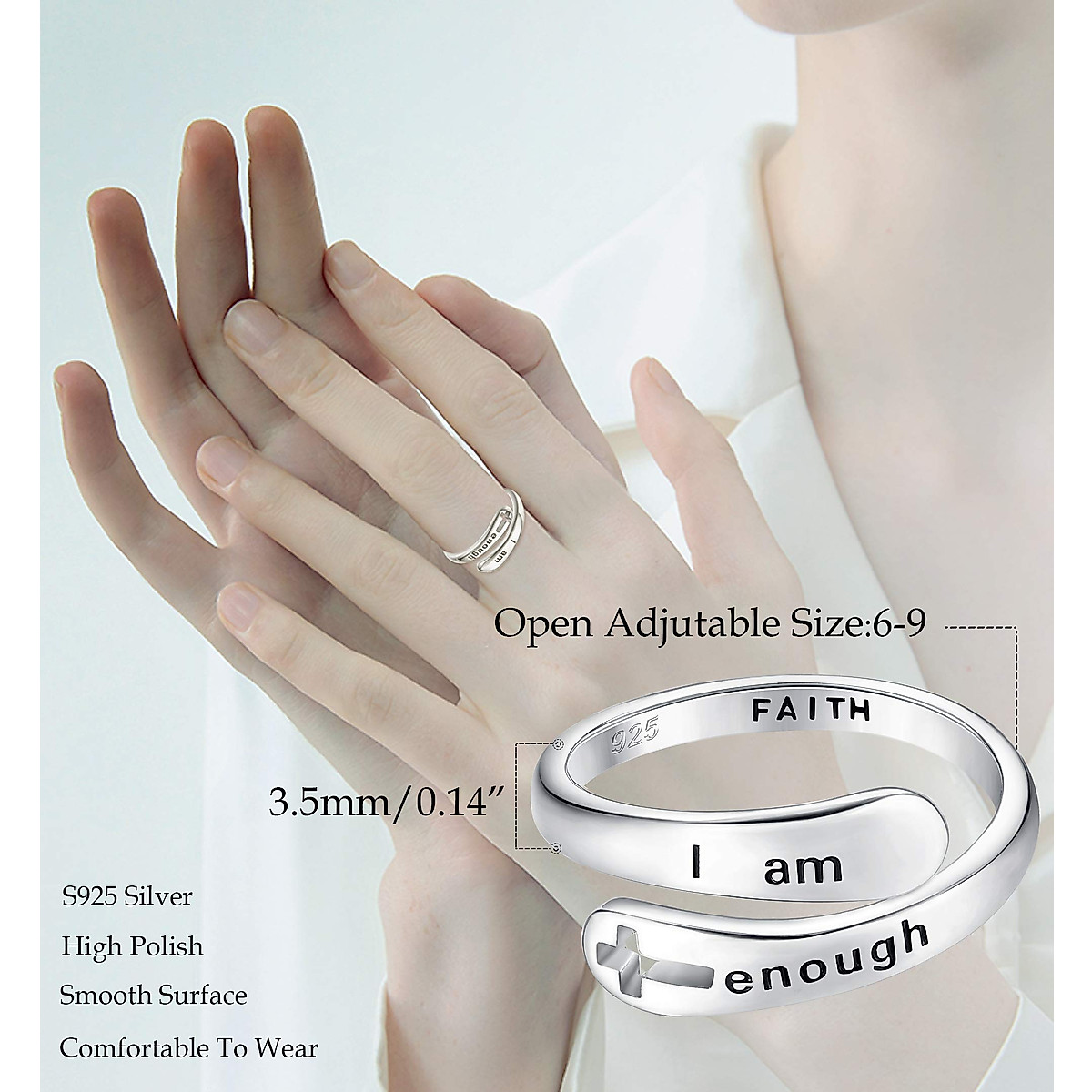 FIASASO 925 Sterling Silver Rings I am Enough Inspirational Rings Faith Christian Cross Encouragement Statement Rings for Women Men I am Enough