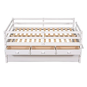 ODC Low Loft Bed with Trundle Bed and 3 Storage Drawers, Multifunctional Full Size Loft Bed with Climbing Ladder, Solid Wood Bed Frame with Full Safety Fence for Kids Boys Girls