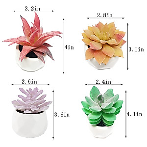 Set of 4 Mini Artificial Succulent Plants with White Geometric Ceramic Planters Faux Succulent for Bedroom Bathroom Bookshelf Office,Wedding Home Garden Decor（red/Green/Orange Yellow/Purple）