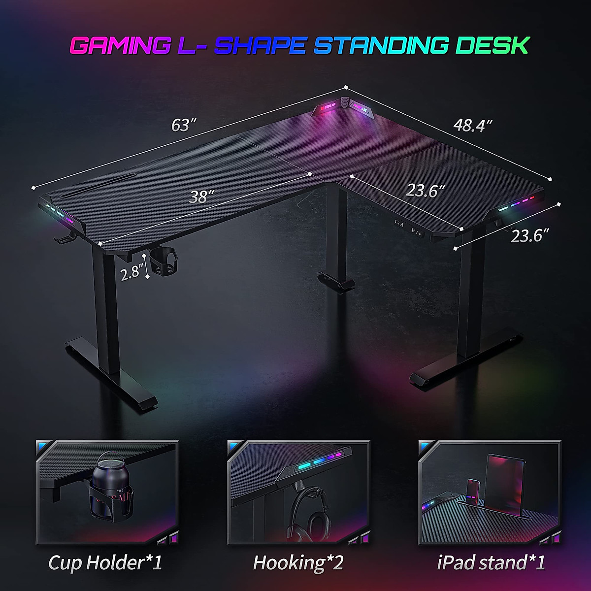 FEZIBO 63 Inch L Shaped Gaming Standing Desk, Electric Height Adjustable Gaming Desk with Triple Motors, Corner Stand up Desk with Cup Holder, Black Frame/Carbon Fiber Top