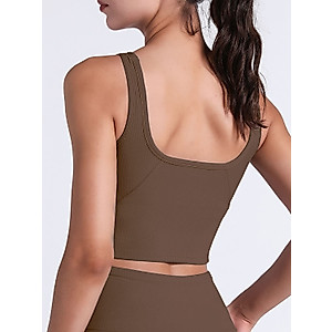 FelFory Longline Sports Bra Tank Top Bra Top for Women Seamless Sports Bra Workout Tops Padded Crop Top Fitness Yoga Tank Ribbed Sports Bra Cacao Medium