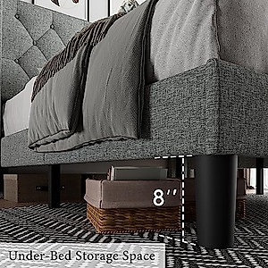 iPormis Queen Bed Frame Upholstered Wingback Platform Bed Frame with Diamond Button Tufted Headboard, 8" Under-Bed Space, Sturdy Wooden Slats, Noise-Free, No Box Spring Needed, Light Gray