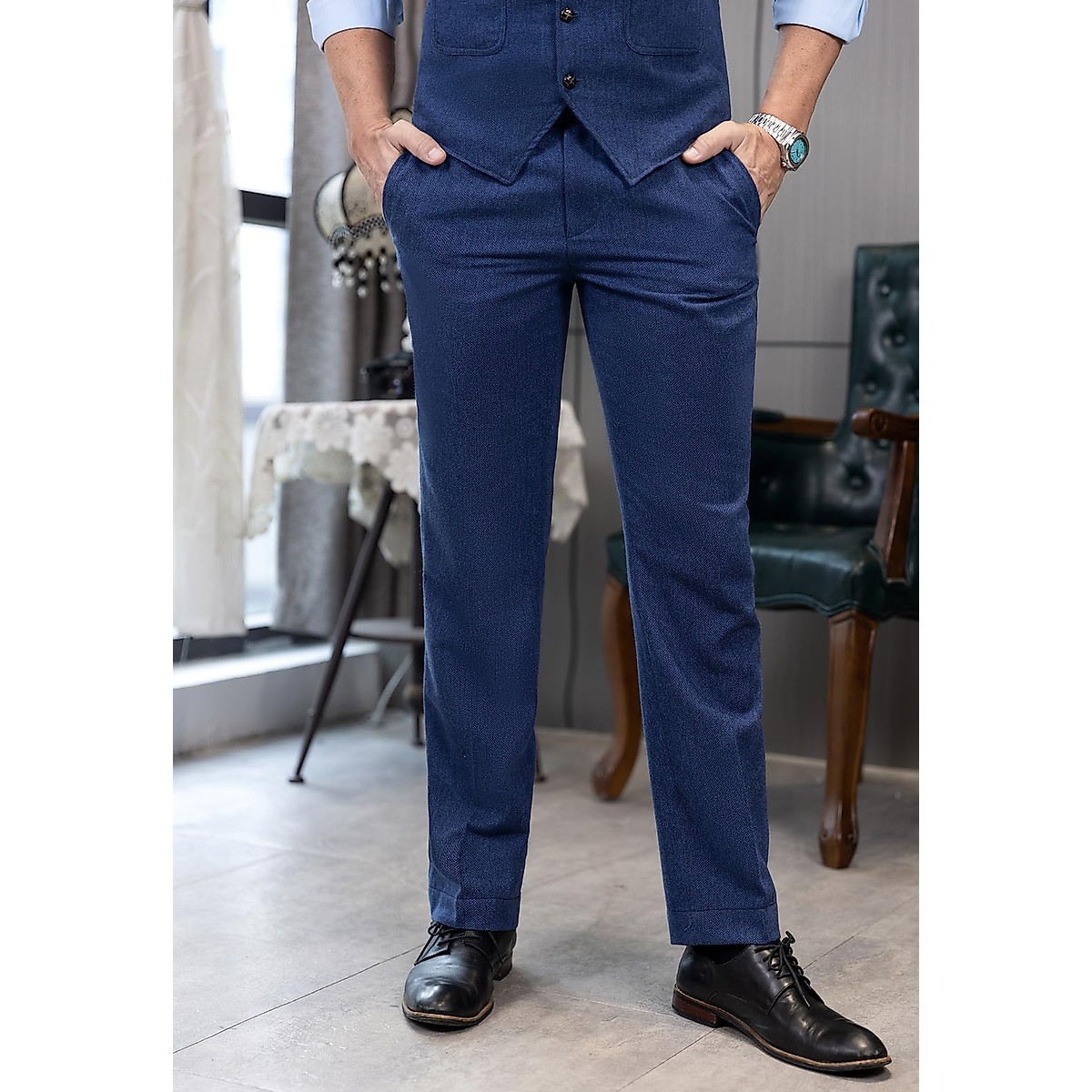 Ceehuteey Men's Retro Dress Suit Pants Thick Wool Flat Front Herringbone Tweed Trousers(Brown, 34W x 30L)