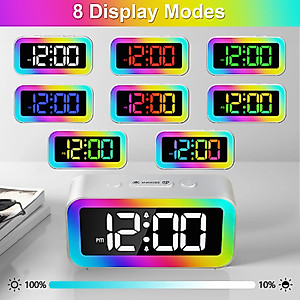 Colorful Nightlight LED Digital Alarm Clock with Super Loud Dual alarm, Weekday mode, Snooze, Dimmer, USB Charging Port for Livingroom, Bedroom, Bedside, Heavy Sleeper, Adult, Kid, Teens, gift, Silver