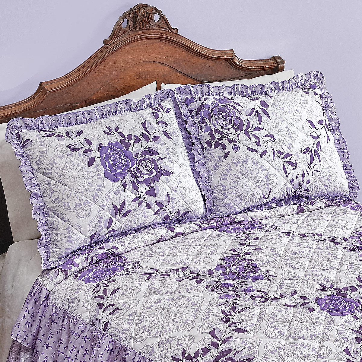 Collections Etc Lavender Floral Ruffle Pillow Sham Covers - Fits Standard Size Pillow, 26" x 20" - Machine Washable - Polyester