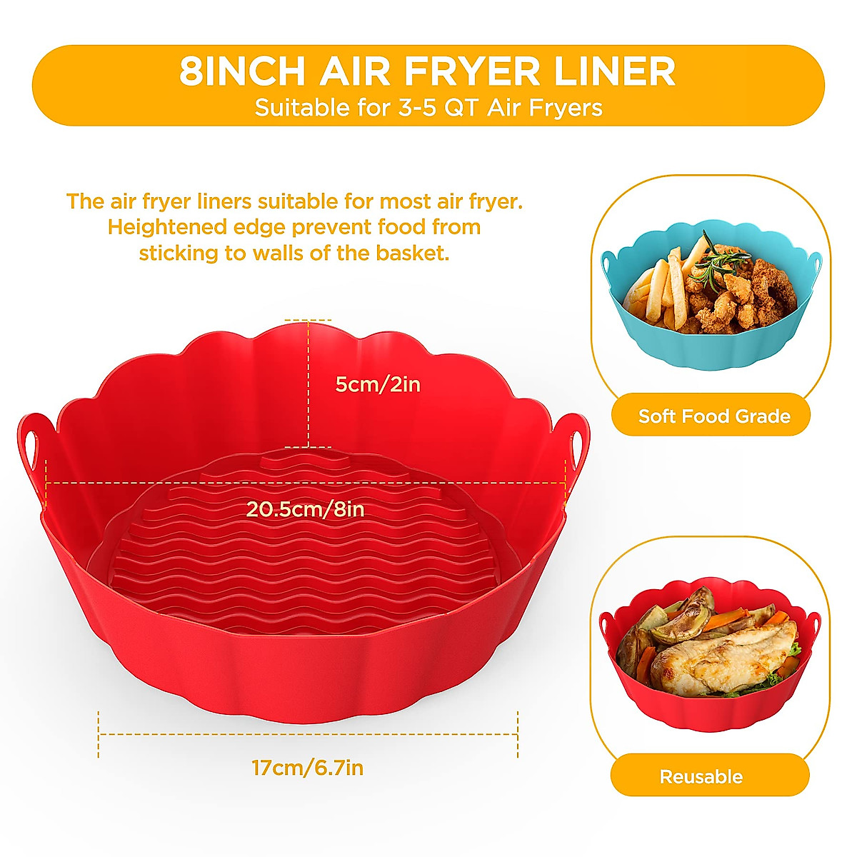 Haphiz 2PCS Silicone Air Fryer Liners Pot 8 Inch Reusable Air Fryer Oven Accessories Silicone Basket Bowl Round Heat Resistant Washable Replacement of Parchment Paper Liners for 3 to 5 QT Air Fryer