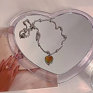 Yocoyee Color Change Love Heart Pendant Necklace Temperature Sense Color Changing Rings Glass Beaded Link Chain Trendy Necklace for Women-Necklace