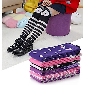 POEATEZO 3-12 Years Girls Knee High Socks Kids Funny Animal Pattern Warm Cotton Long Tall Boot Socks 6 Pairs (Cute Animals-B)