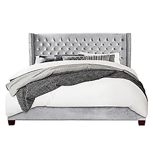 Nathaniel Home Aliyah Velvet Upholstered Platform Bed Deep Button Tufting Frame Bed with Wingback Headboard/Mattress Foundation/Wood Slat Support/No Box Spring Needed/Easy Assembly, Silver, King