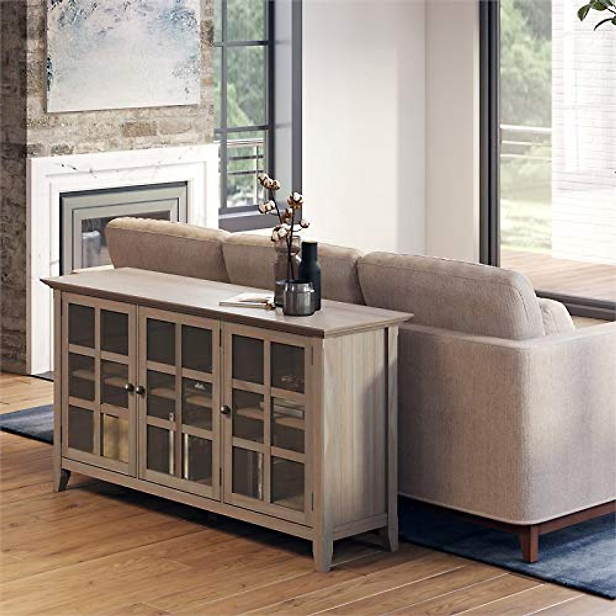 Solid Wood Storage Cabinet with Tempered Glass Doors, Multi Functional Sideboard with Adjustable Shelf for Living Room, Bedroom and Kitchen, Entryway Shoe Organizer in Distressed Grey