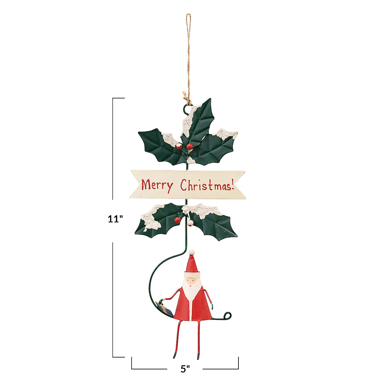 Creative Co-Op 5" L x 2" W x 11" H Hand-Painted Tin Santa on Branch w/Banner Merry Christmas Metal Ornaments, Multi