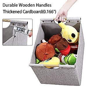 HOONEX Large Foldable Storage Bins, Linen Fabric, 2 Pack, with Wooden Carry Handles and Sturdy Heavy Cardboard, for Home, Office, Car, Nursery, Light Grey