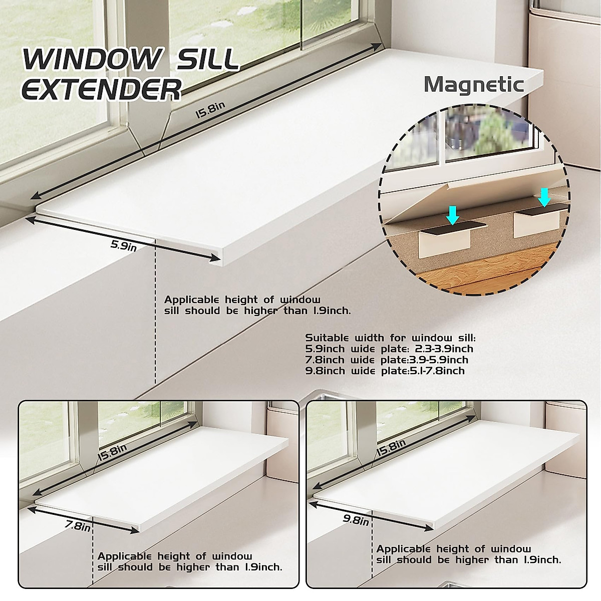 Carbon Steel Window Sill Extender Plate, Countertop Extension Board for Kitchen Organization and Storage, Window Plant Shelves with Magnetic backplane, No punching,Adjustable removable (16*6 IN)
