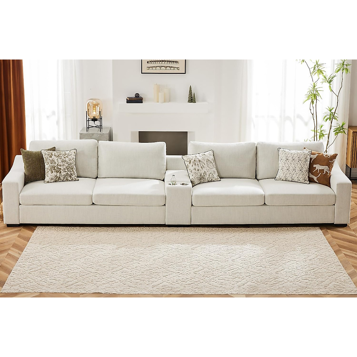 Luxury Sectional Sofa with Console, 2 Cup Holders, Upholstered Modern Linen Fabric 6-Seat Couch with Sloped Armrests & Detachable Cover, Modular Sofas Couches for Living Room, Apartment, Office, Ivory
