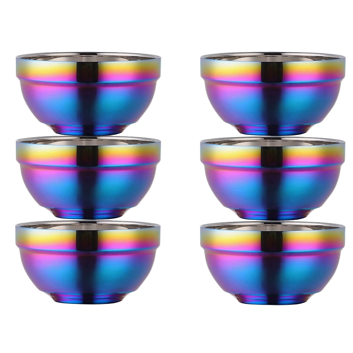 Ceiteo Rainbow Bowl Set of 6, 304 Stainless Steel Dinnerware Metal Double-walled Insulated Cereal Bowls for Eating Kitchen, Dishwasher Safe and Unbreakable