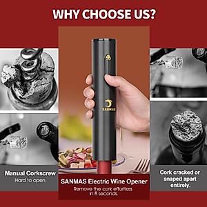 SANMAS Electric Wine Opener, Automatic Wine Bottle Openers Set with Foil Cutter, Battery Operated Cordless Wine Corkscrew for Wine Lovers Gift