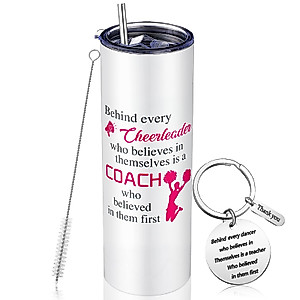 Suclain 2 Pcs Cheer Coach Gifts Set for Women 20 oz Cheerleader Tumbler with Lid Straw and Cheerleading Coach Keychain for Coach Cheerleader Birthday Retirement Gifts(Pink)