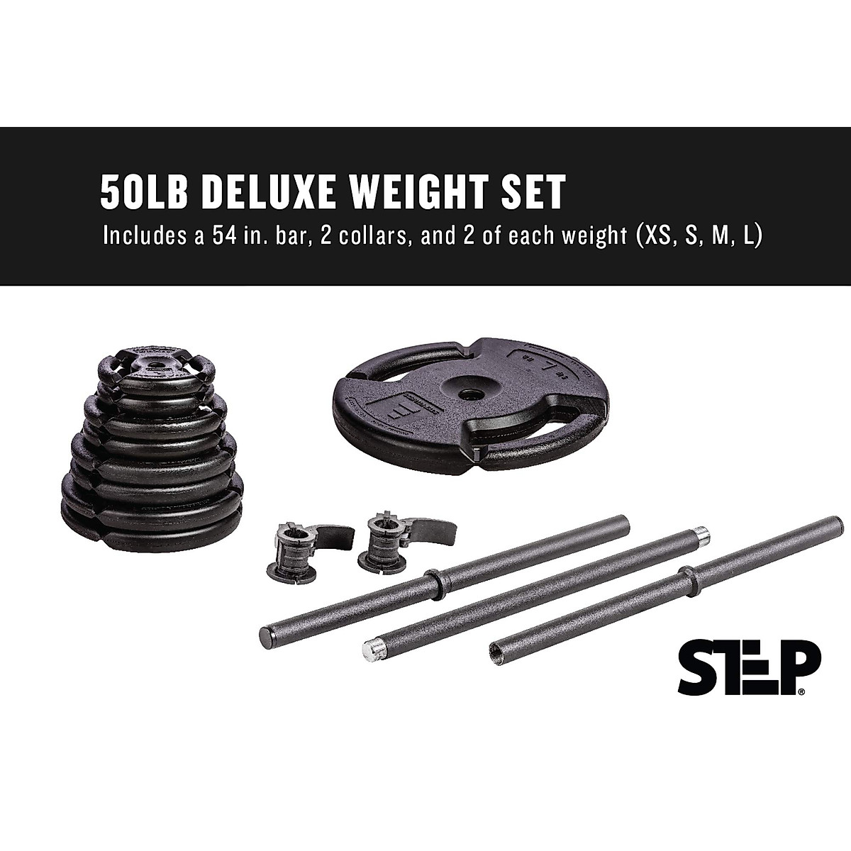 The Step Fitness Deluxe Barbell Weight Set, 60 lbs with Bar, Collars, and Weights