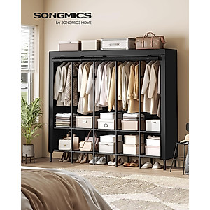 SONGMICS Wardrobe Closet, 83.5 Inch Large Capacity Portable Closet, Clothing Rack, 25 mm Dia,Thick Steel Tubes, Clothes Organizer with Fabric Cover, 5 Hanging Rails, 10 Shelves, Ink Black URDR095B01