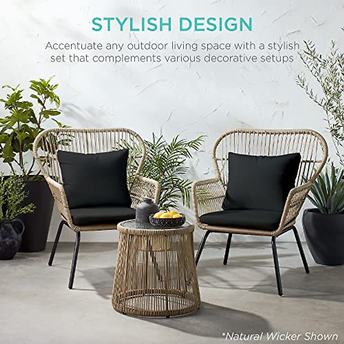 Best Choice Products 3-Piece Patio Conversation Bistro Set, Outdoor All-Weather Wicker Furniture for Porch, Backyard w/ 2 Wide Ergonomic Chairs, Cushions, Glass Top Side Table - Black