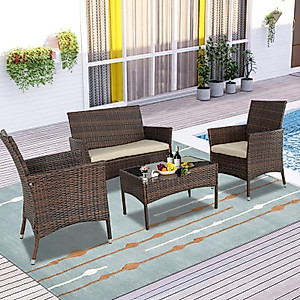 HTTH 4-Piece Outdoor Patio Furniture Sets Wicker Sofa with Cushions and Coffee Table Garden Lawn Pool Backyard Outdoor Sofa Sets (Brown-Beige)