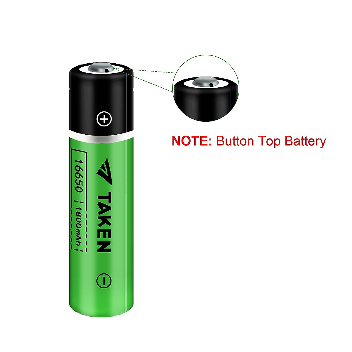 Taken 16650 Rechargeable Battery, 16650 Battery 1800mAh 3.7V Li-ion Rechargeable Battery with Button Top for Flashlights Torches - 2 Pack