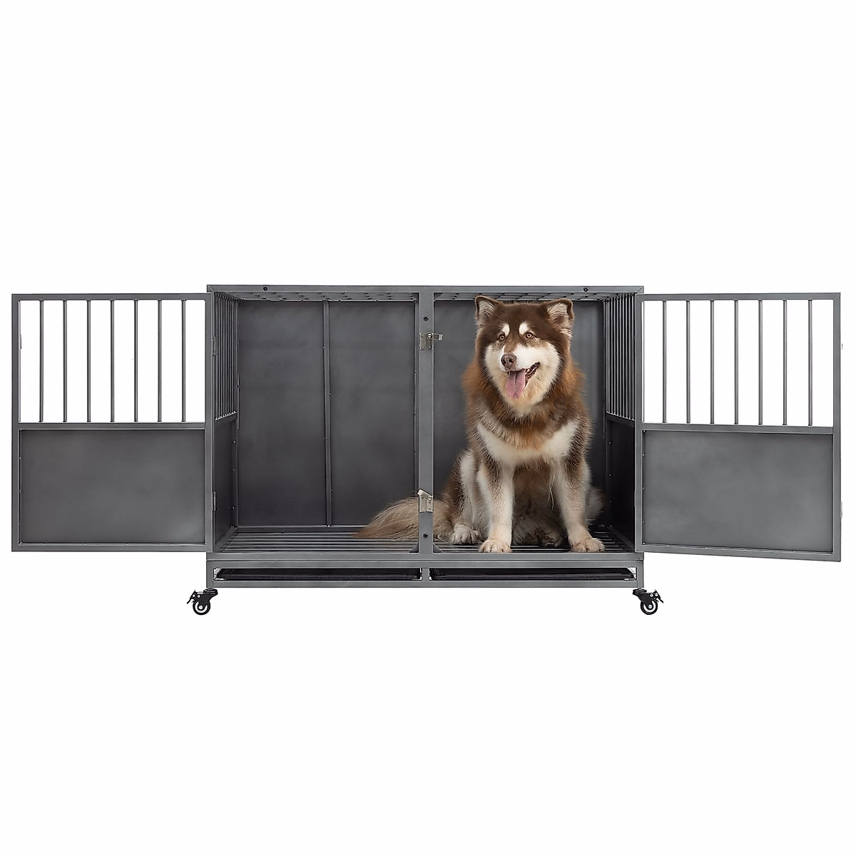 Stackable Heavy Duty Dog Crate Dog Cage, Indestructible Metal Dog Kennel Lockable for Medium Large Dogs with Sturdy Door Lock and Removable Trays, 47 Inch