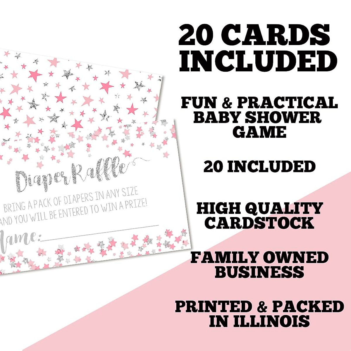 Amanda Creation Pink & Silver Twinkle Little Star Themed Diaper Raffle Tickets for Girl Baby Showers, 20 2" X 3” Double Sided Inserts, Bring a Pack of Diapers to Win Favors & Prizes!