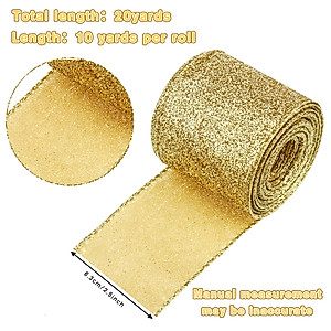 2 Rolls 20 Yards Christmas Ribbon Metallic Glitter Ribbon Wired Edge Decorative Fabric Ribbons for Party Wrapping Home Decorations Wedding Birthday DIY Crafts 2.5 Inch (Gold)