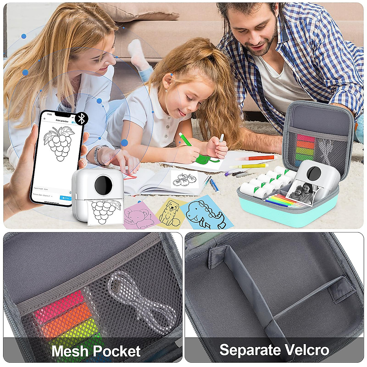 HuiJuKeJi Mini Sticker Printer Case,High-capacity Hard Protective Box for X5/Phomemo M02/T02 Printer,Portable Carrying Case for Thermal Inkless Photo Printer,Instant Camera,Label Marker(Green)