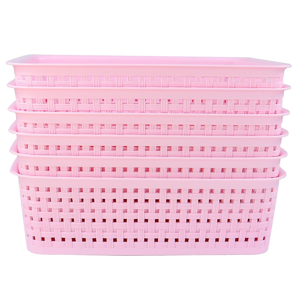 Plastic Storage Baskets, Small Pantry Baskets for Organizing, Woven Basket Organizer Basket Bins for Shelves, Organizer and Storage for Bathroom, Bedrooms, Kitchens (Pink 6pcs)