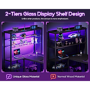 MOTPK L Shaped Gaming Desk, Reversible Computer Desk with Power Outlet, Gaming Table with LED Lights, L Shaped Desk with Glass Display Storage Shelves, Glass Desk Office Desk