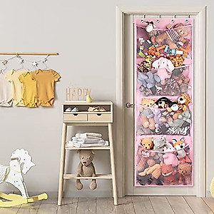 UUGLAM Stuffed Animal Storage Holder with 4 Large Pockets，Over The Door Hanging Organizer Storage, Idea for Closet, Plush Toy,Nursery, Bedroom, Bathroom, Kids Room (Pink)