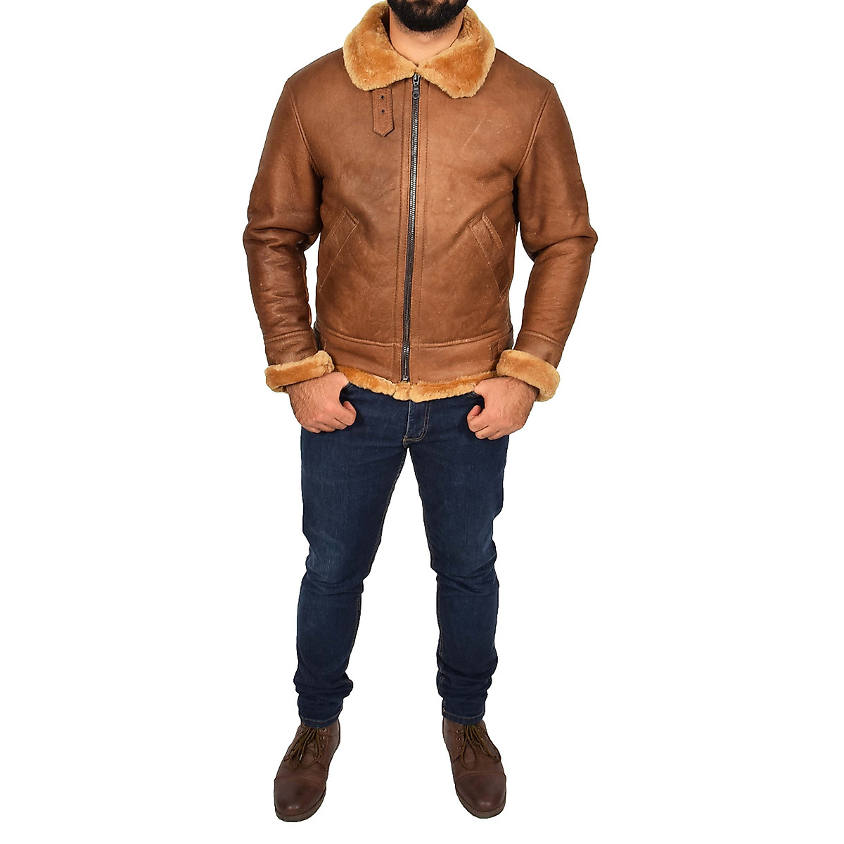 A1 FASHION GOODS Real Sheepskin Flying Jacket Vintage Tan Shearling Bomber Authentic Aviator Coat Tornado (Large)