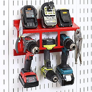 Wall Control Drill Holder Power Tool Storage Rack - Compact Impact Drill Battery Power Tool Pegboard Organizer Pegboard (Red)