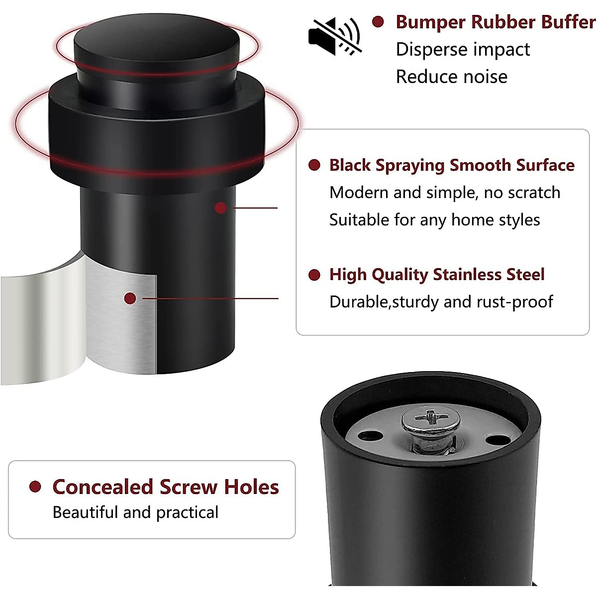 KOLAKO Door Stopper, Cylindrical Floor Door Stop, 2 Inch/Stainless Steel, Black Modern Heavy Duty Brushed Solid DoorStops with Rubber Bumper, Floor Door Stops for Bottom of Door, 6 Pack