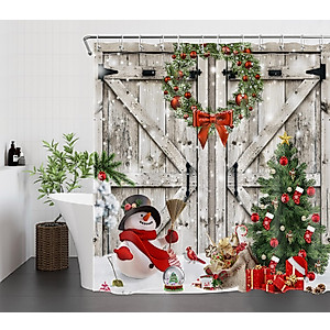 MEUNEAR Farmhouse Christmas Shower Curtain Set Snowman and Pine Tree with Red Xmas Ball Cardinals on Barn Door Shower Curtain for Bathroom, Winter Snowflake Shower Curtain with Hooks, 72L X 72W inches