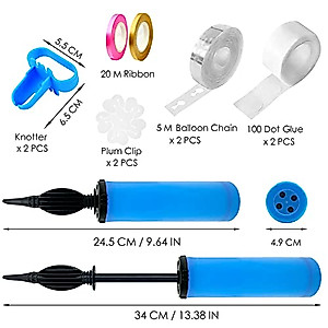 4 Pack Balloon Pump Hand Held for Ballons Inflatable 2-Way Dual Action Inflator Air Pump with 2 Pcs Balloon Tape Strip, 2 Pcs Tie Tools, 2 Pcs Flower Clip, 200 Dot Glue, 2 Rolls Ribbons